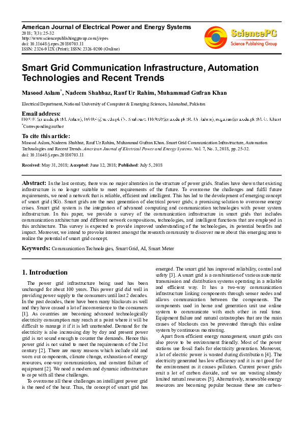 (PDF) Smart Grid Communication Infrastructure, Automation Technologies and Recent Trends