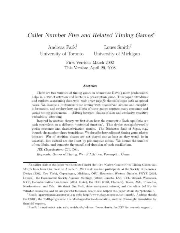 (PDF) Caller Number Five and related timing games | Lones Smith ...