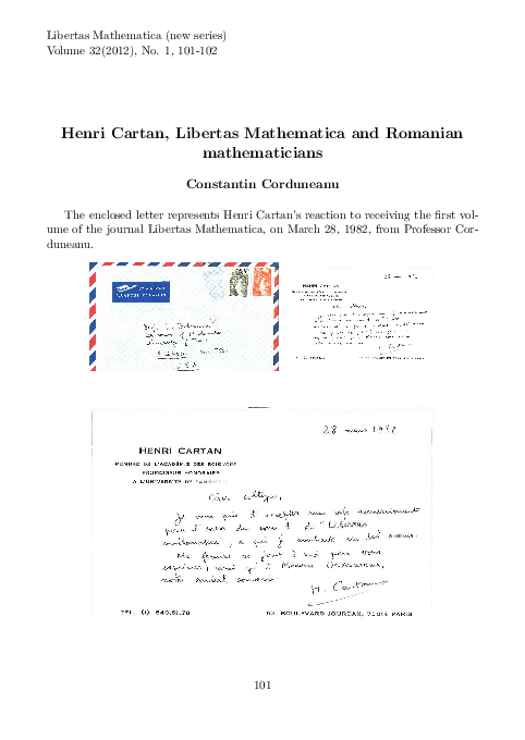 (PDF) Henri Cartan, Libertas Mathematica and Romanian mathematicians
