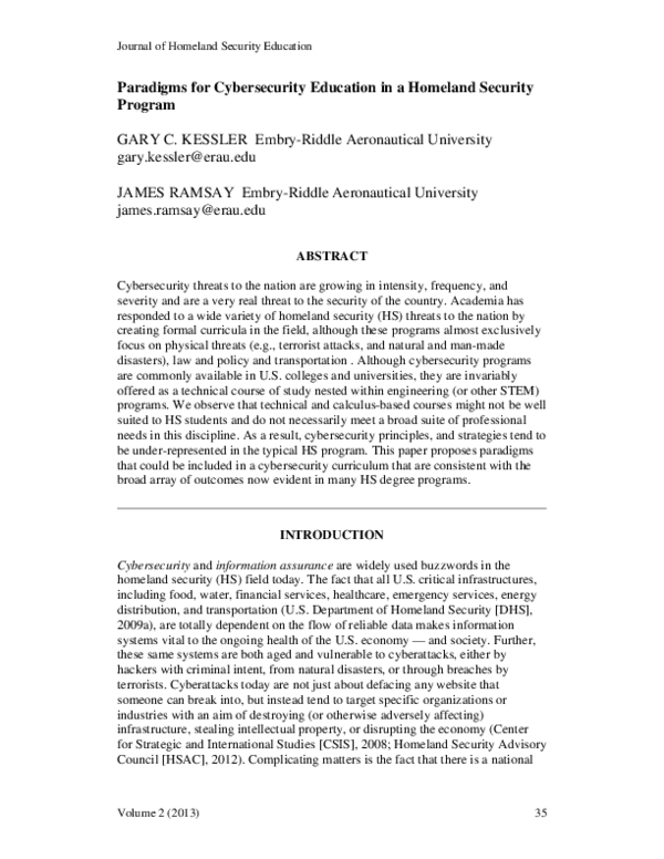(PDF) Paradigms for cybersecurity education in a Homeland Security Program