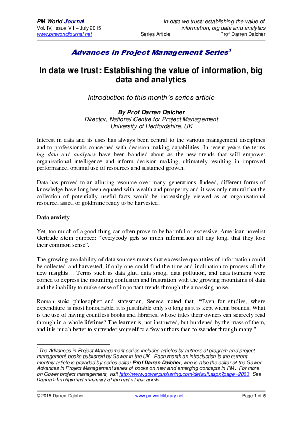 (PDF) In Data We Trust : Establishing the Value of Information, Big ...