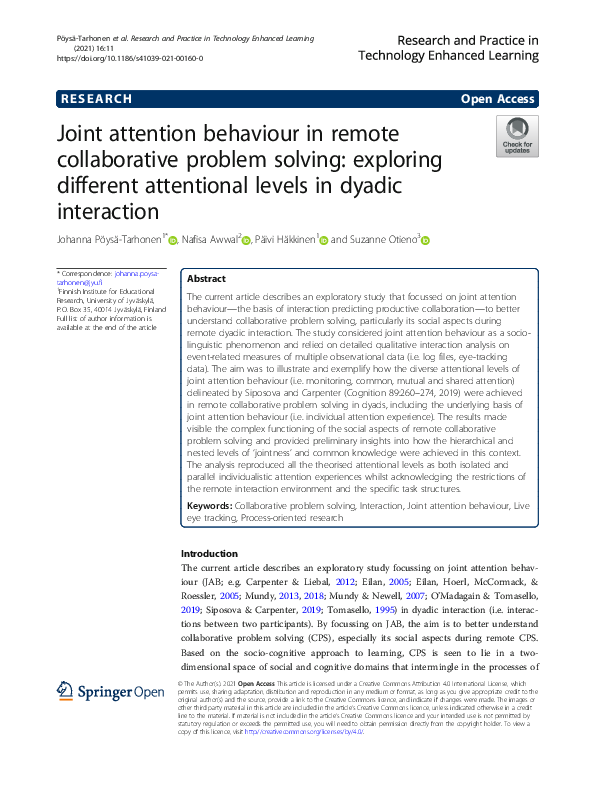 Pdf Joint Attention Behaviour In Remote Collaborative Problem Solving