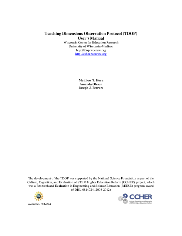 (PDF) Teaching Dimensions Observation Protocol ( TDOP ) User ’ s Manual