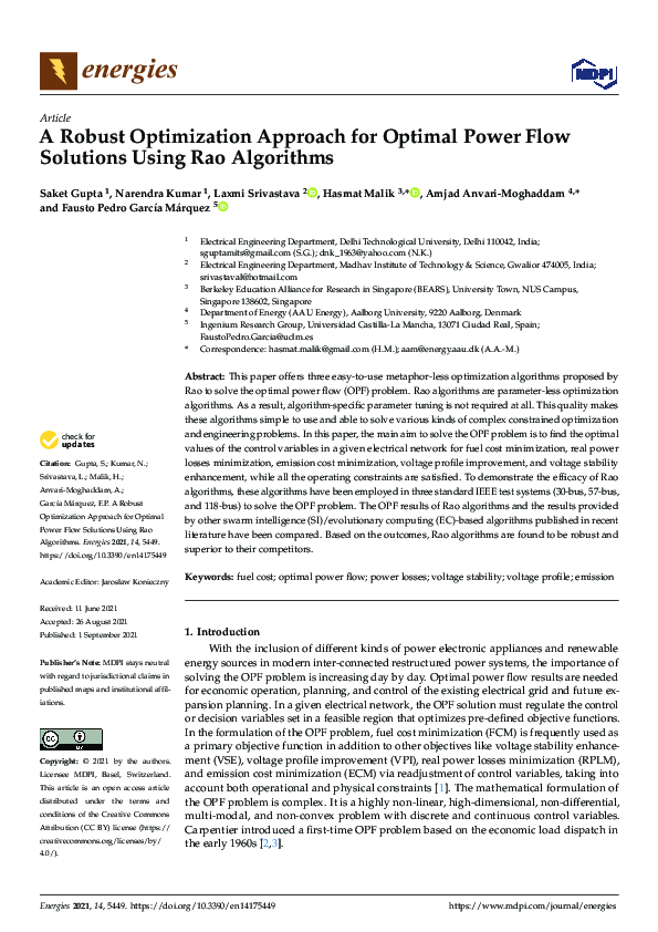 (PDF) A Robust Optimization Approach for Optimal Power Flow Solutions Using Rao Algorithms