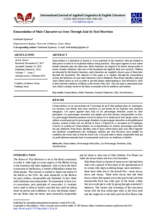 (PDF) Emasculation of male characters as seen through Sula by Toni Morrison