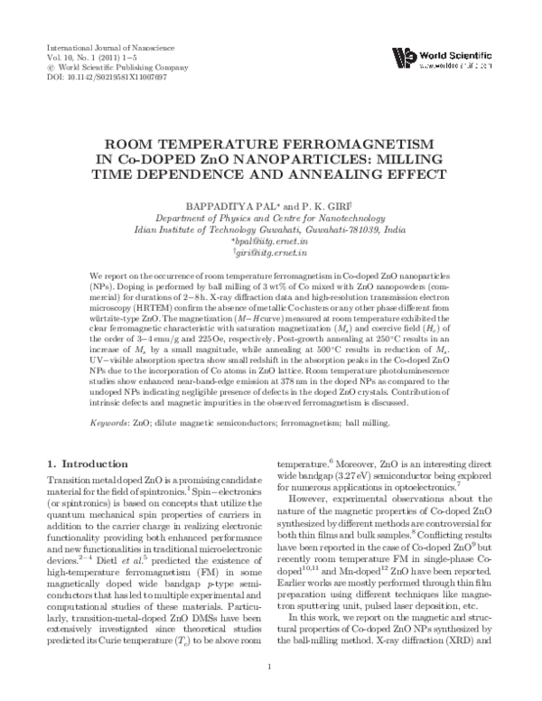 (PDF) Room Temperature Ferromagnetism in Co-DOPED ZnO Nanoparticles: Milling Time Dependence and ...