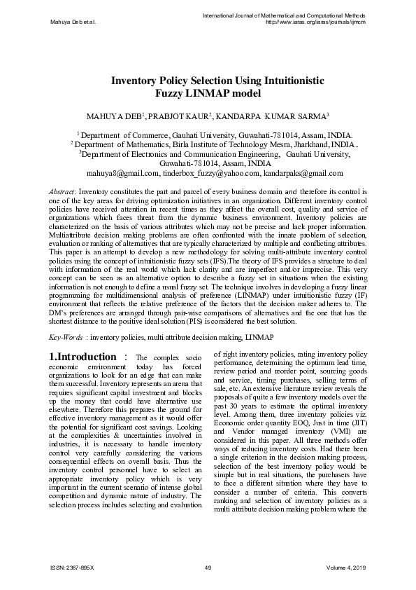 (PDF) Inventory Policy Selection Using Intuitionistic Fuzzy LINMAP model