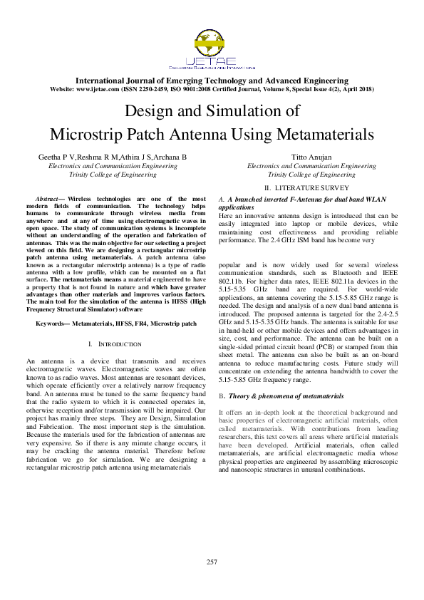 (PDF) Design and Simulation of Microstrip Patch Antenna Using Metamaterials