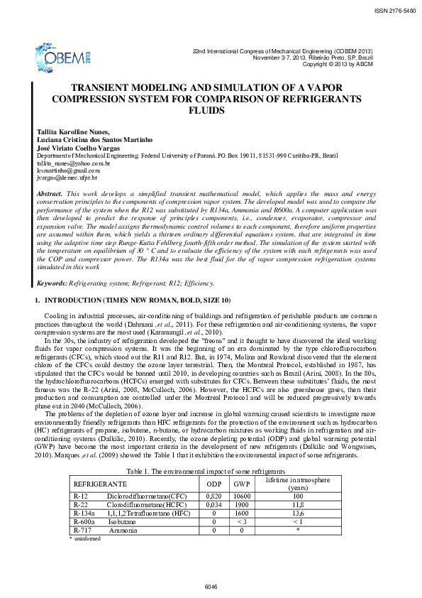 (PDF) Transient Modeling and Simulation of a Vapor Compression System for Comparison of ...