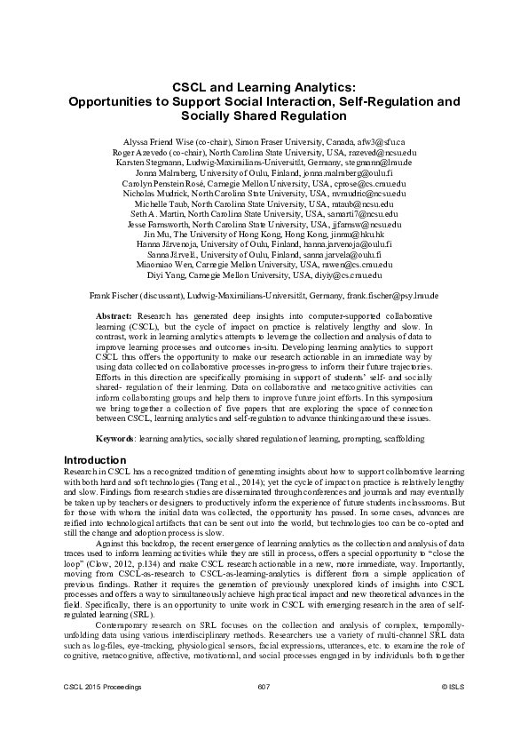 (PDF) CSCL and Learning Analytics: Opportunities to Support Social Interaction, Self-Regulation ...