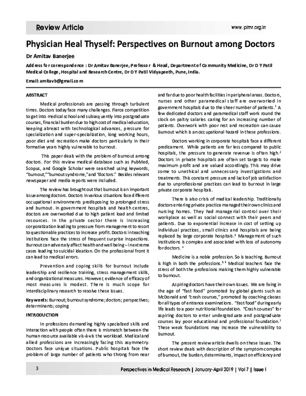 (PDF) Physician Heal Thyself : Perspectives on Burnout among Doctors