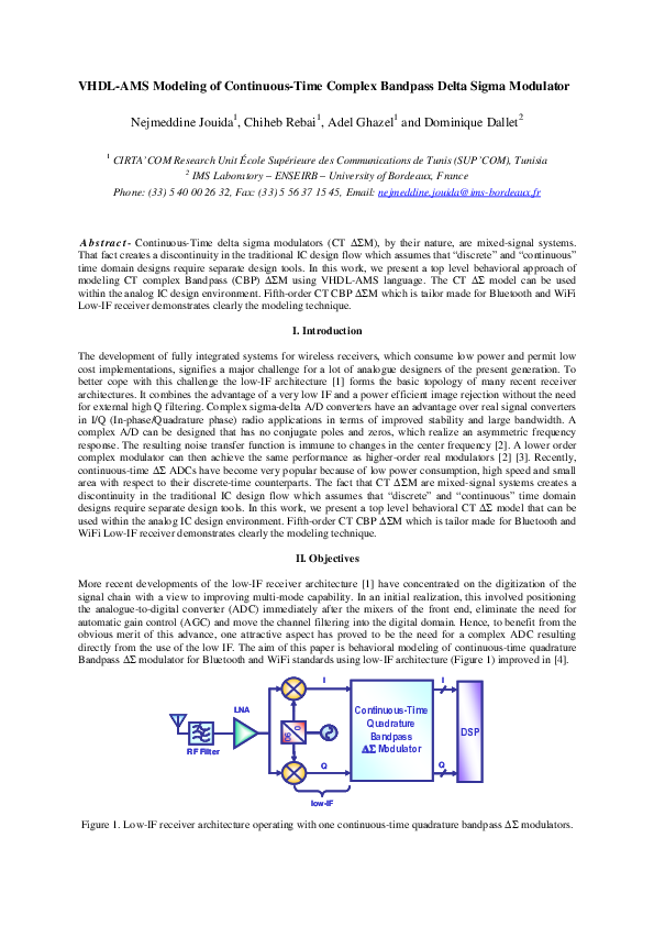 (PDF) VHDL-AMS Modeling of Continuous-Time Complex Bandpass Delta Sigma Modulator | Adel Ghazel ...