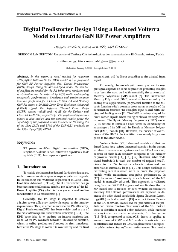 Pdf Reduced Volterra Model For Gan Pa Linearization