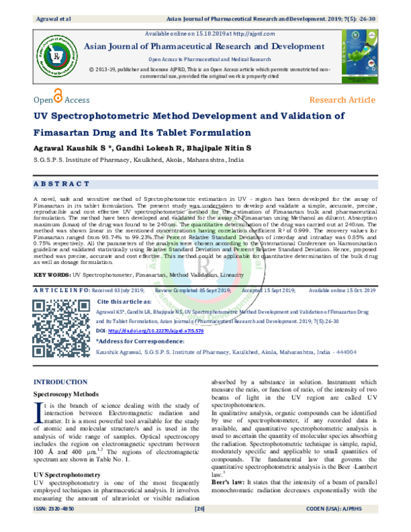 (PDF) UV Spectrophotometric Method Development and Validation of Fimasartan Drug and Its Tablet ...