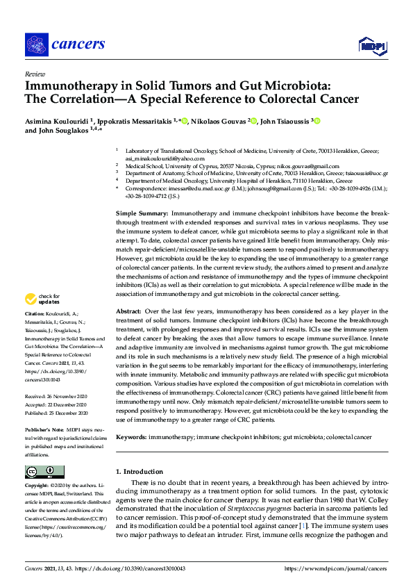 (PDF) Immunotherapy in Solid Tumors and Gut Microbiota: The Correlation—A Special Reference to ...