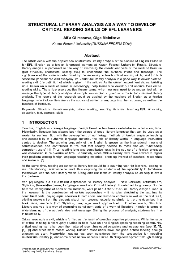 (PDF) Structural Literary Analysis as a Way to Develop Critical Reading ...