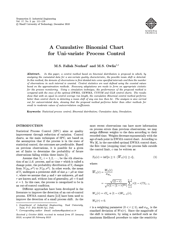 (PDF) A Cumulative Binomial Chart for Univariate Process Control