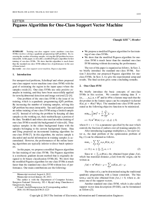 Pdf Pegasos Algorithm For One Class Support Vector Machine