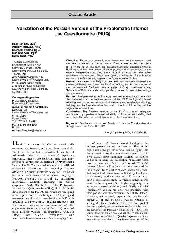 (PDF) Validation of the Persian Version of the Problematic Internet Use ...