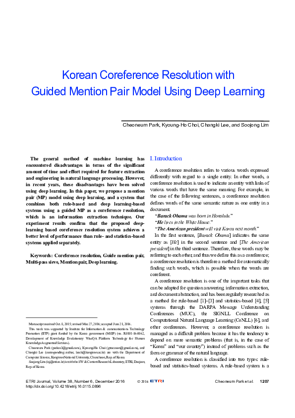 (PDF) Korean Coreference Resolution with Guided Mention Pair Model using the Deep Learning ...