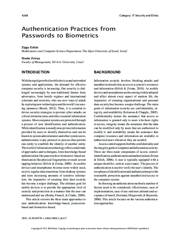 (PDF) Authentication Practices from Passwords to Biometrics