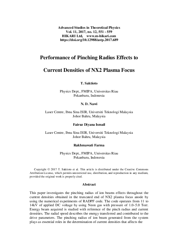 (PDF) Performance of pinching radius effects to current densities of NX2 plasma focus | Fairuz ...