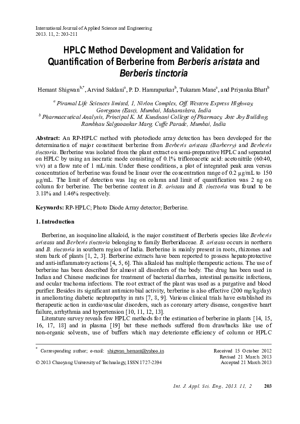 (PDF) HPLC Method Development and Validation for Quantification of Berberine from Berberis ...