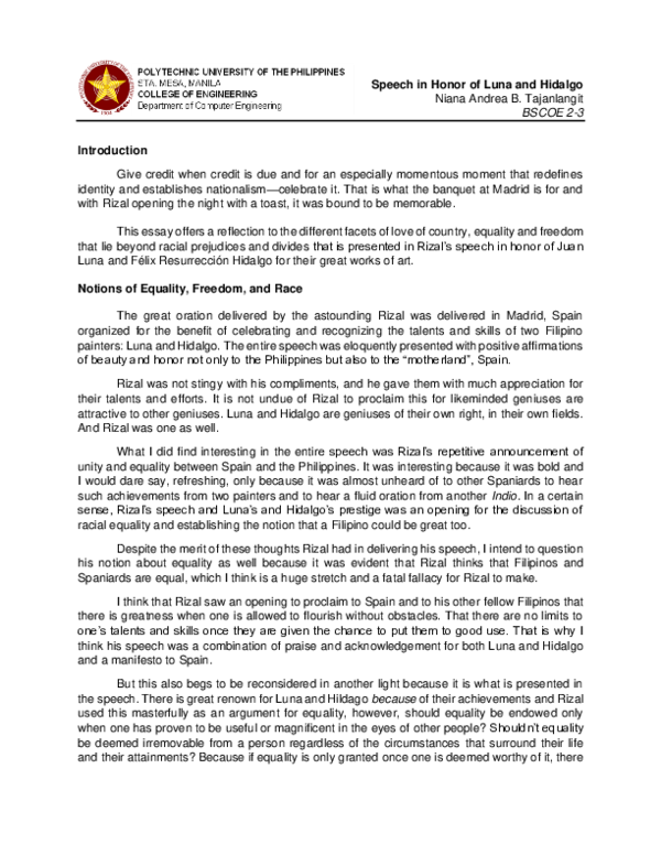 (PDF) Rizal's Speech in Honor of Luna and Hidalgo | A Reflection