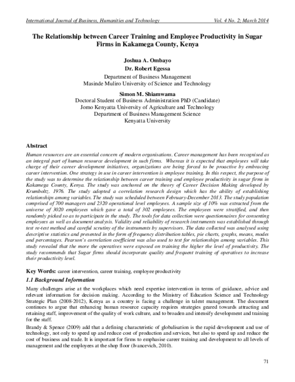 (PDF) The Relationship between Career Training and Employee Productivity in Sugar Firms in ...