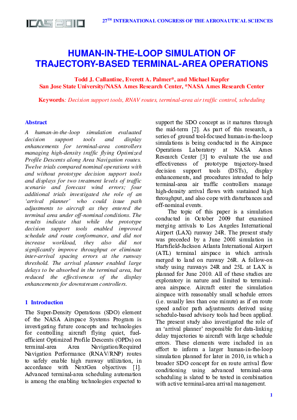 (PDF) Human-Inthe-Loop Simulation of Trajectory-Based Terminal-Area Operations