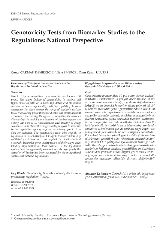 (PDF) Genotoxicity Tests from Biomarker Studies to the Regulations ...