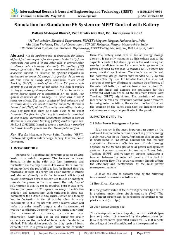 Pdf Simulation For Standalone Pv System On Mppt Control With Battery 