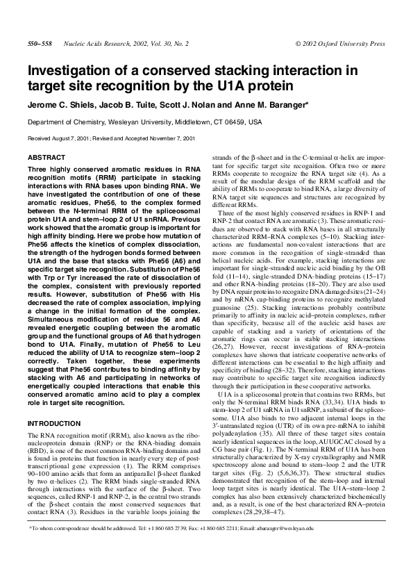 (PDF) Investigation of a conserved stacking interaction in target site recognition by the U1A ...