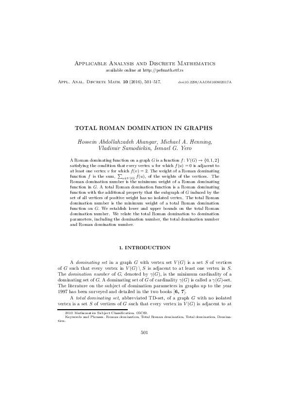 (PDF) Total Roman domination in graphs