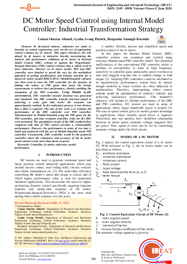 (PDF) DC Motor Speed Control using Internal Model Controller ...