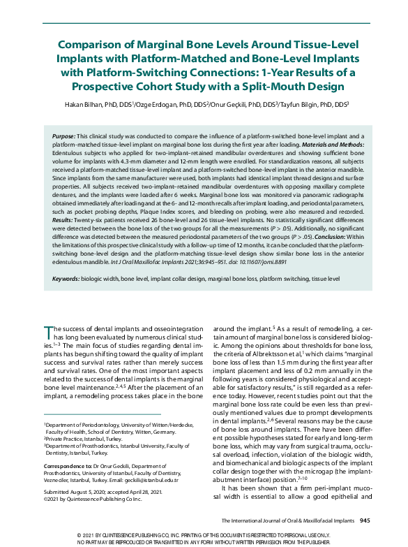 (PDF) Comparison of Marginal Bone Levels Around Tissue-Level Implants ...