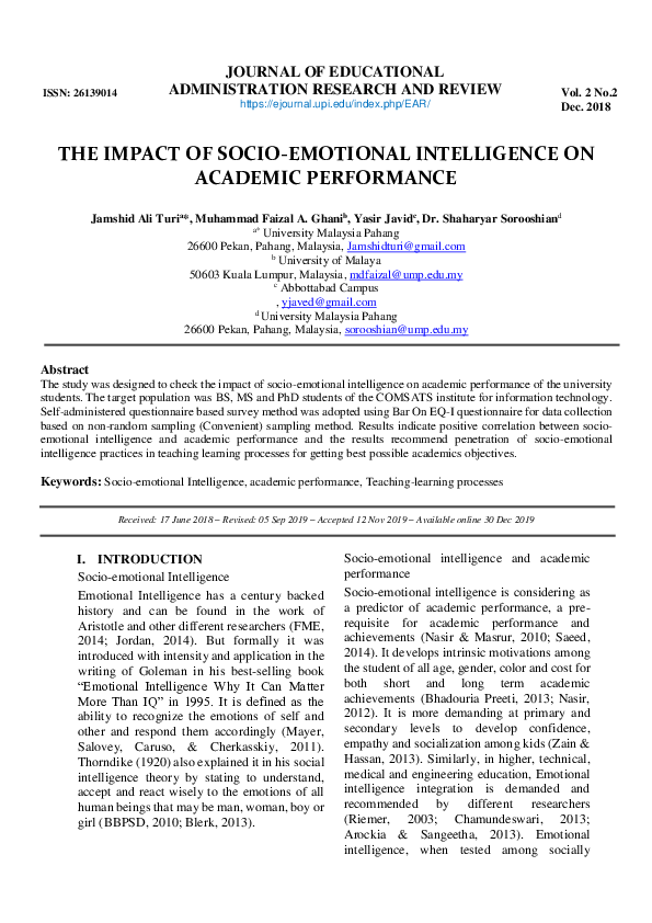 Pdf The Impact Of Socio Emotional Intelligence On Academic Performance