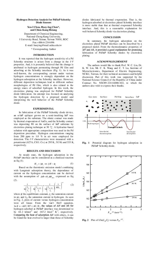 (PDF) Hydrogen Detection Analysis for Pd/InP Schottky Diode Sensors