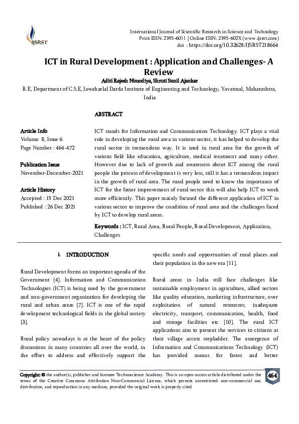 (PDF) ICT in Rural Development : Application and Challenges - A Review