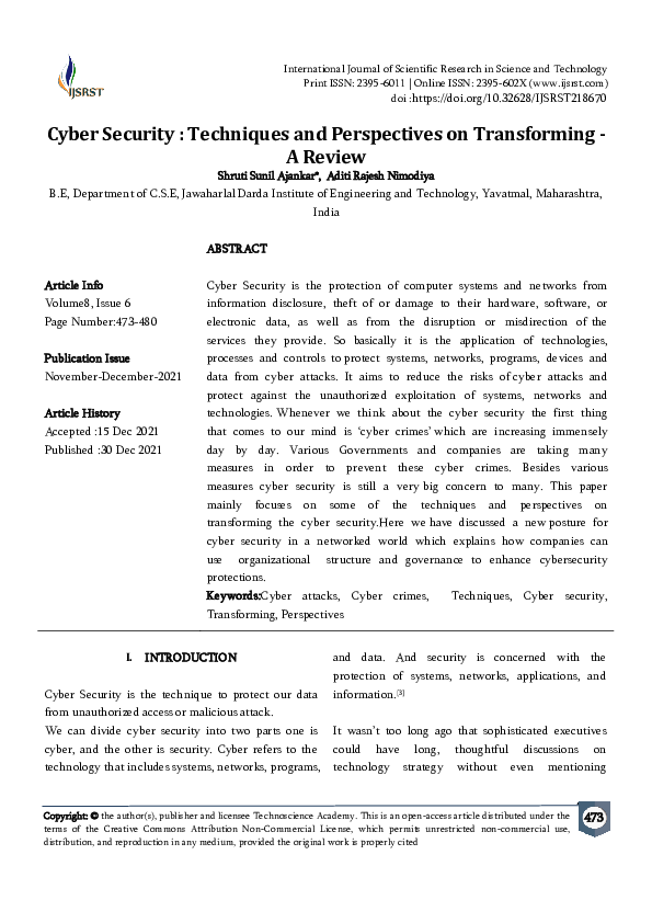 (PDF) Cyber Security : Techniques and Perspectives on Transforming - A ...