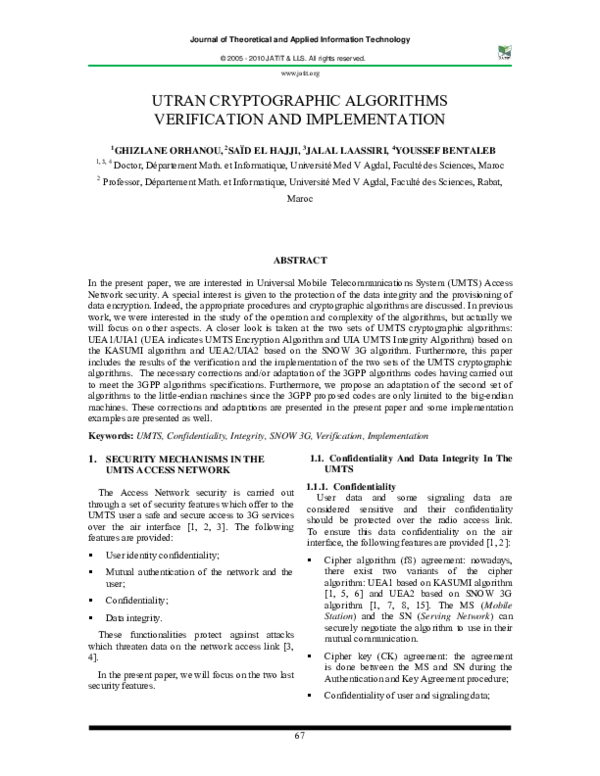 Pdf Utran Cryptographic Algorithms Verification And Implementation Ghizlane Orhanou