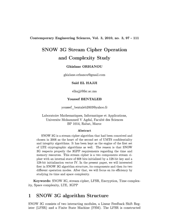 (PDF) SNOW 3G stream cipher operation and complexity study