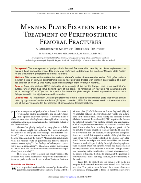 (PDF) Mennen plate fixation for the treatment of periprosthetic femoral fractures