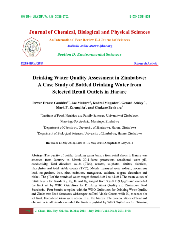 (PDF) Drinking Water Quality Assessment in Zimbabwe:A Case Study of ...