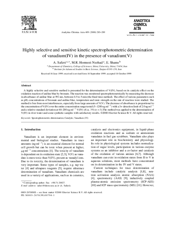 Pdf Highly Selective And Sensitive Kinetic Spectrophotometric Determination Of Vanadium Iv In