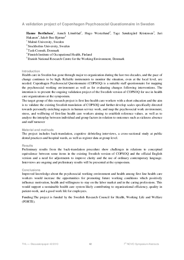 (PDF) A validation project of Copenhagen Psychosocial Questionnaire in ...