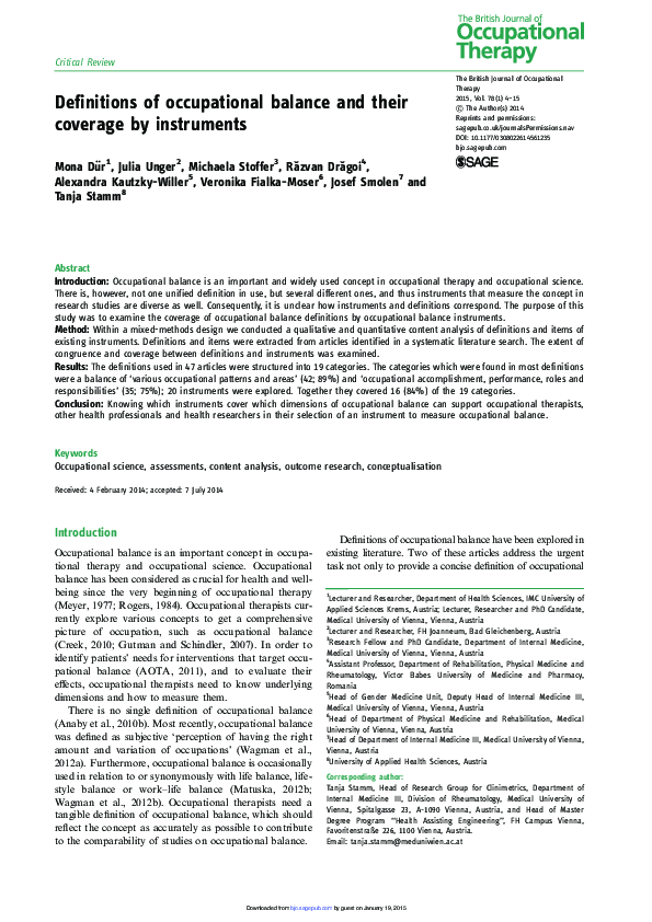 (PDF) Definitions of occupational balance and their coverage by instruments
