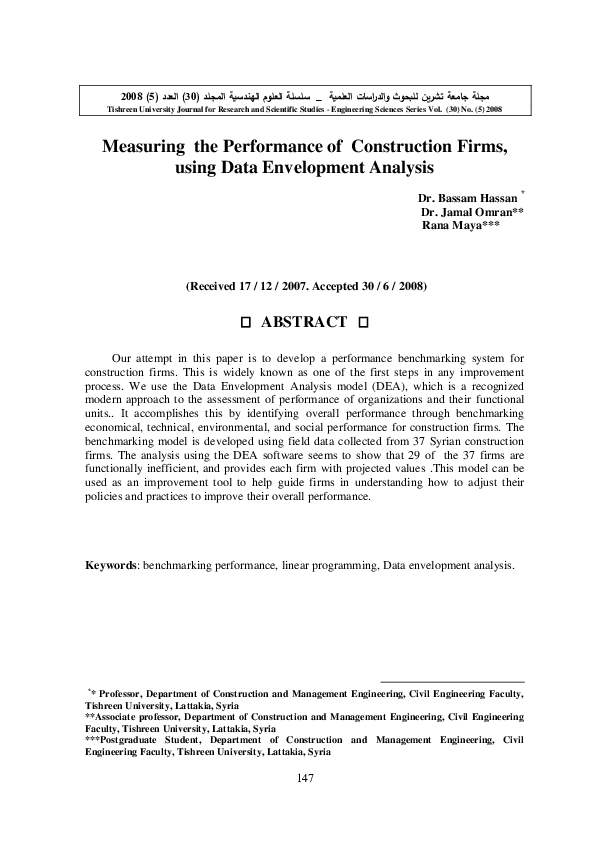(PDF) Measuring the Performance of Construction Firms , using Data ...