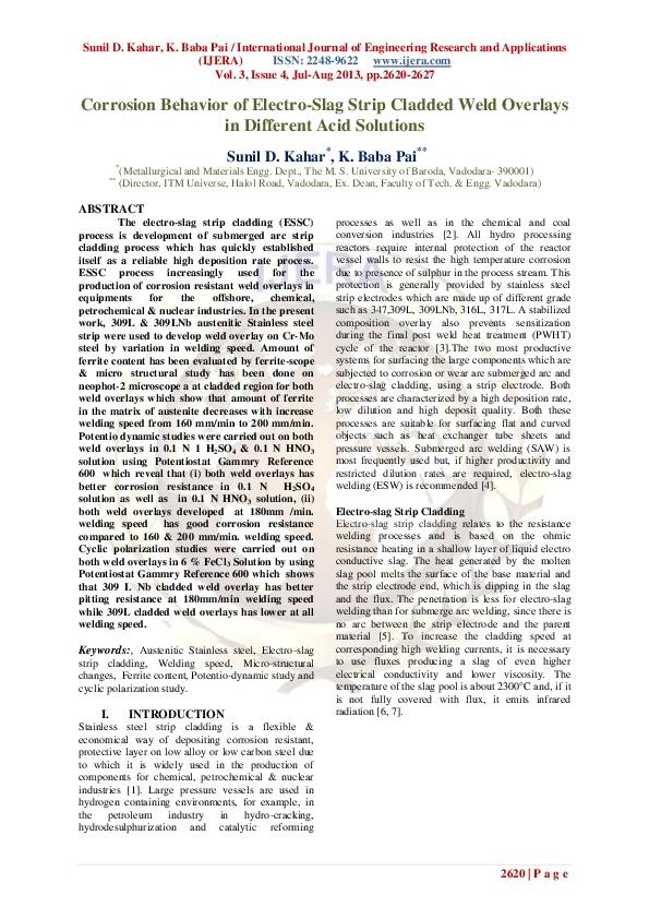 (PDF) Corrosion Behavior of Electro-Slag Strip Cladded Weld Overlays in Different Acid Solutions