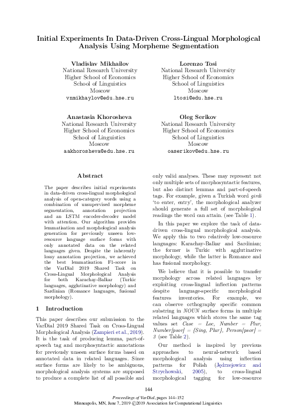 Pdf Initial Experiments In Cross Lingual Morphological Analysis Using Morpheme Segmentation